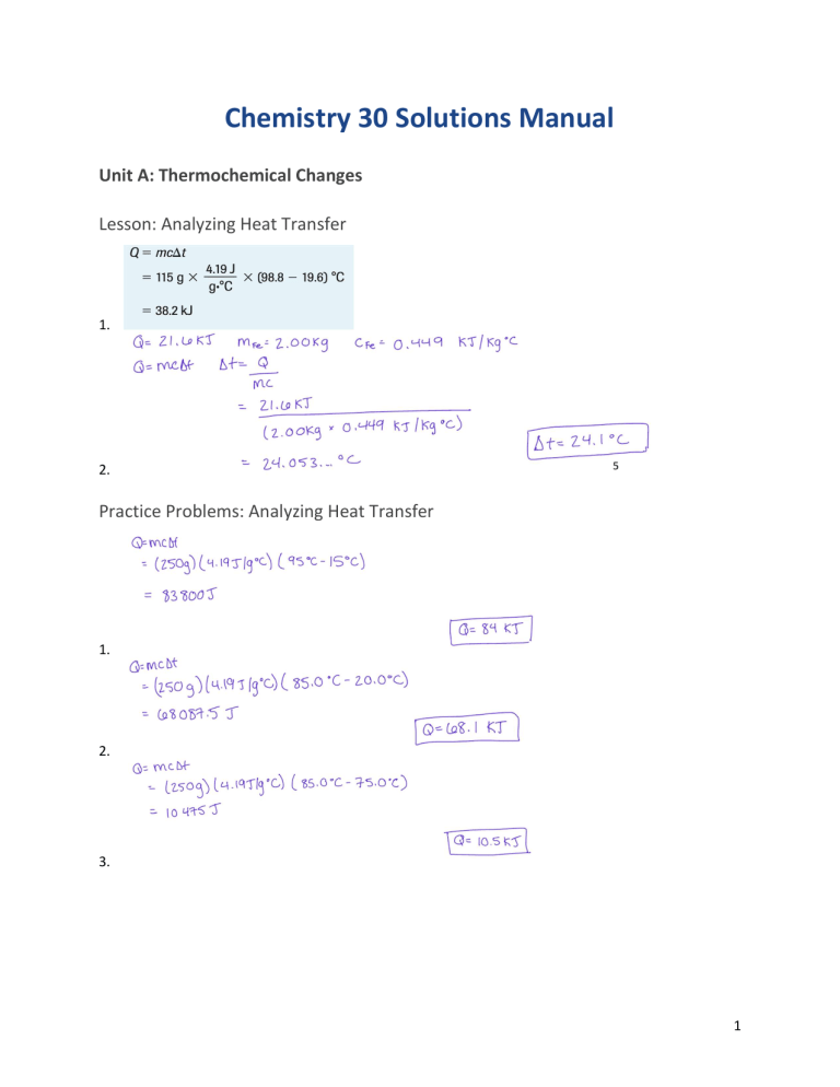 Chemistry 30 Solutions Manual: Thermochemical Changes & Heat Transfer