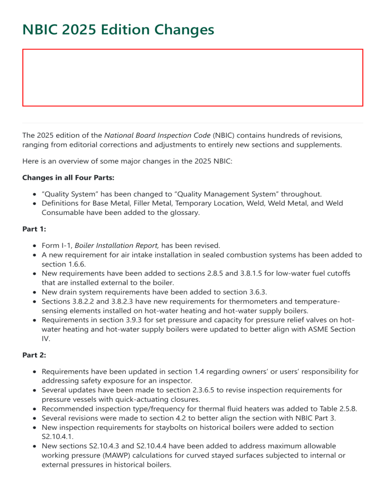 NBIC 2025 Edition Changes: National Board Inspection Code Updates