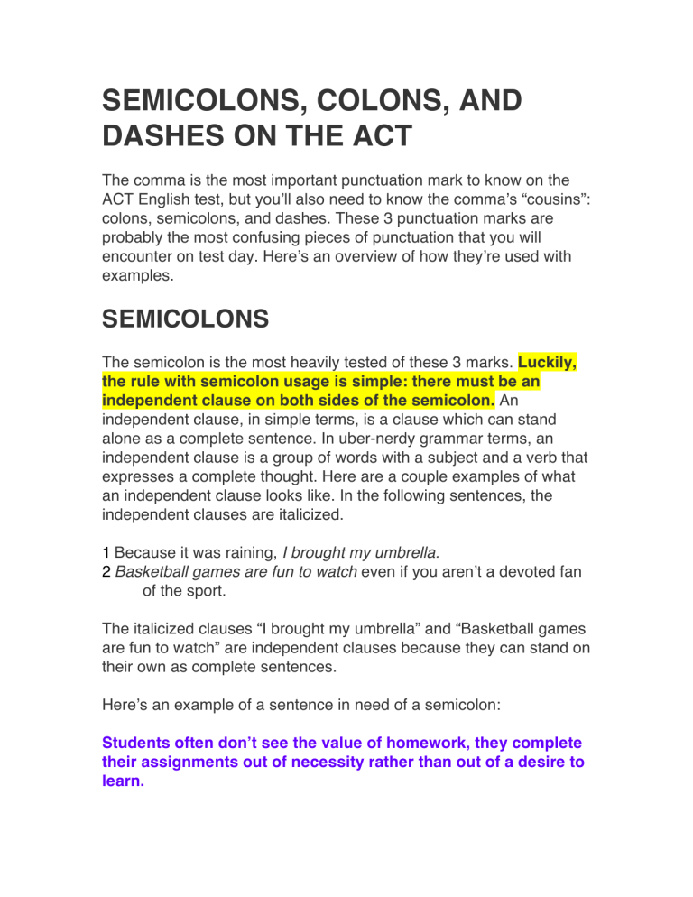 Semicolons, Colons, Dashes: ACT English Grammar Guide