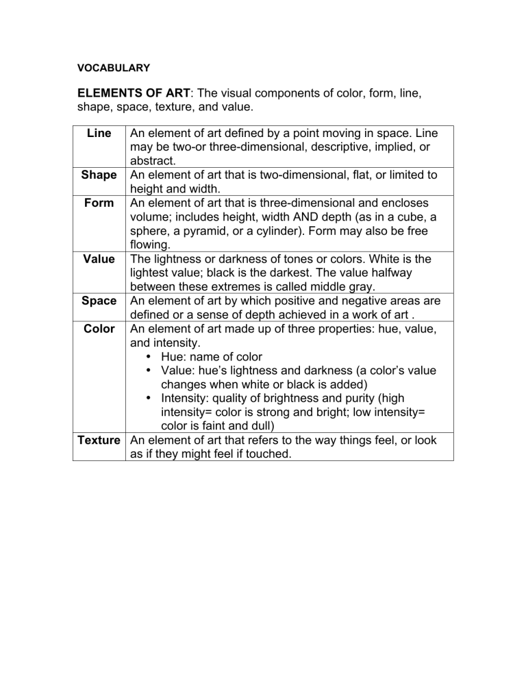 Art Vocabulary: Elements of Art & Principles of Design Definitions