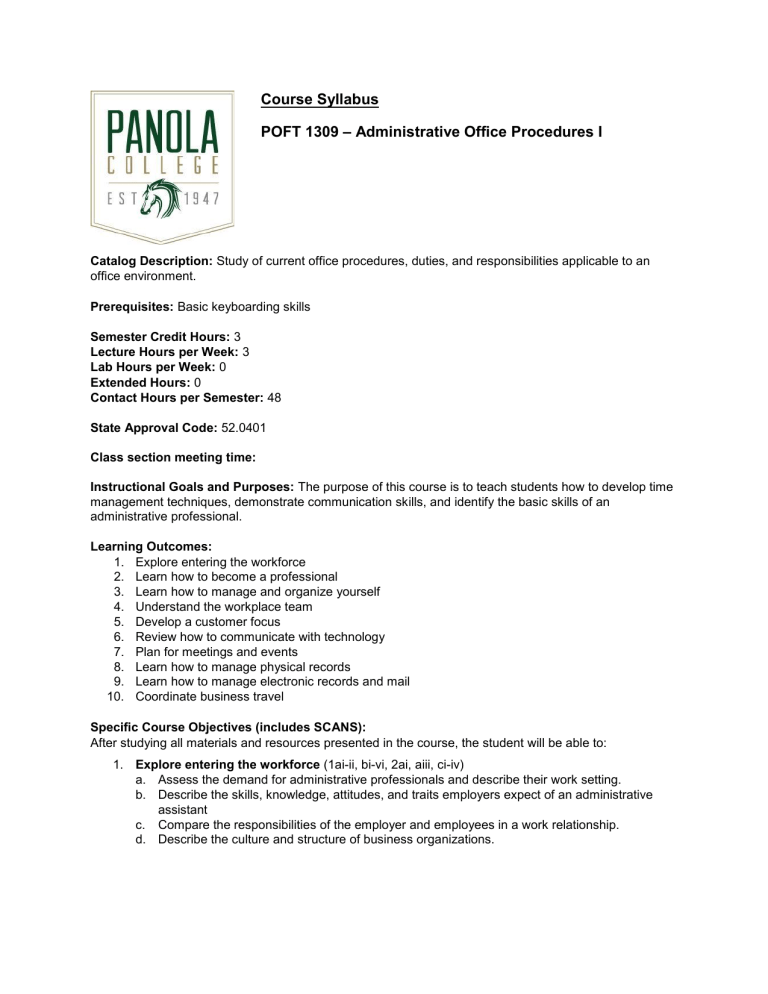 Administrative Office Procedures I Course Syllabus