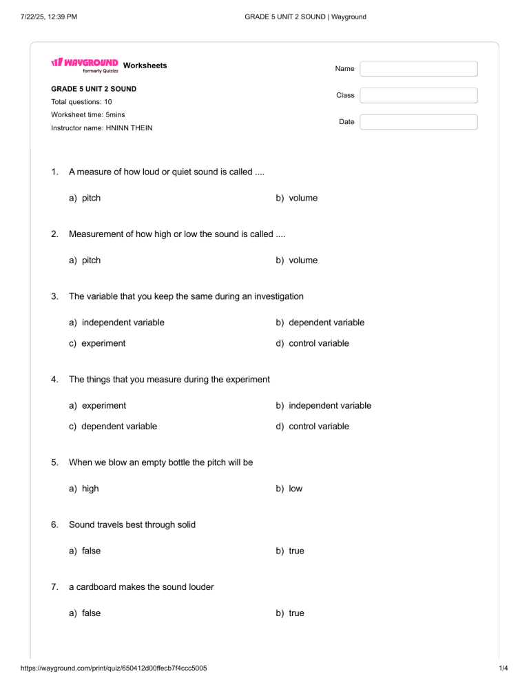 Grade 5 Sound Worksheet: Volume, Pitch & Experiments