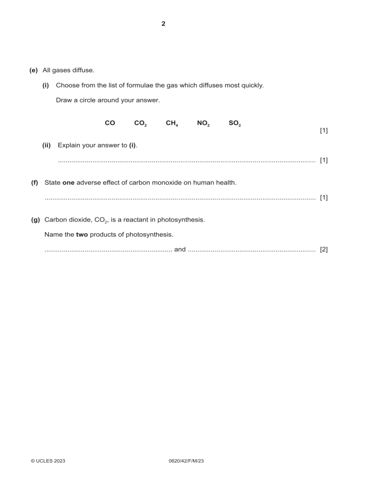 Chemistry Exam Practice: Gases, Bonding & Photosynthesis (IGCSE)