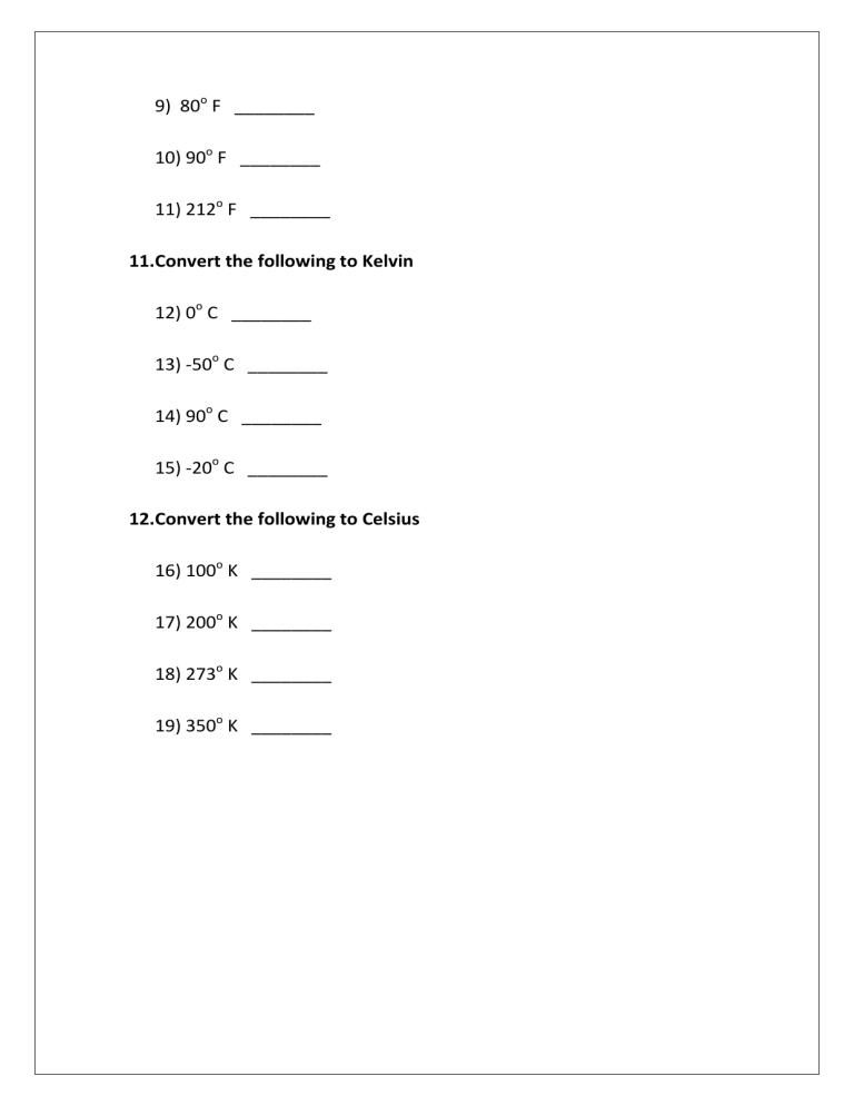 Temperature Conversion Worksheet: Fahrenheit, Celsius, Kelvin Practice