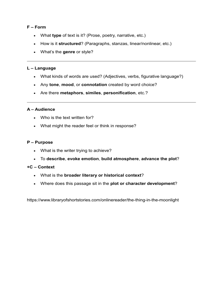 Text Analysis Checklist Form Language Audience Purpose