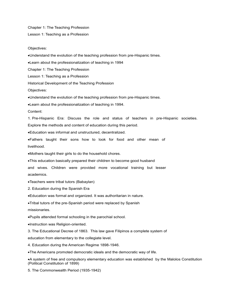 Teaching Profession History & Professionalization in the Philippines