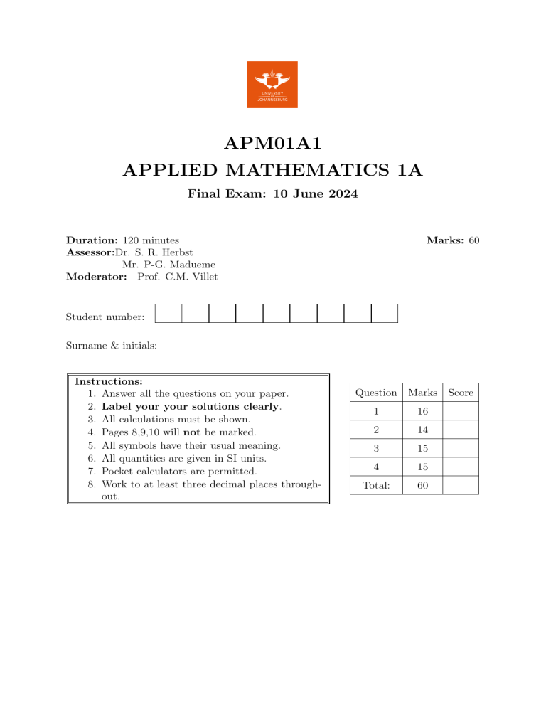 Applied Mathematics 1A Final Exam - June 2024