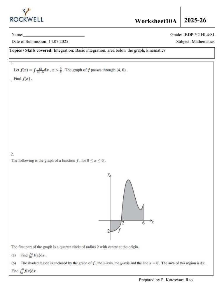 IBDP Math Integration Worksheet: Basic, Area, Kinematics