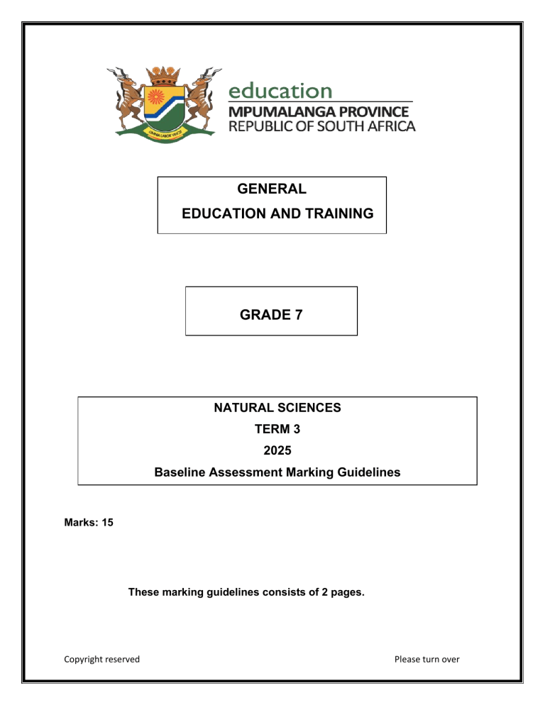 Grade 7 Natural Sciences Baseline Assessment Marking Guidelines 2025