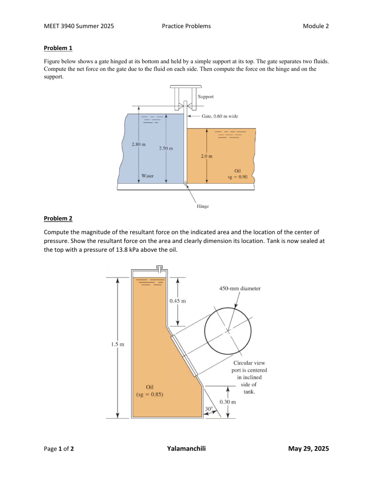 Fluid Mechanics Practice Problems: Hydrostatic Forces