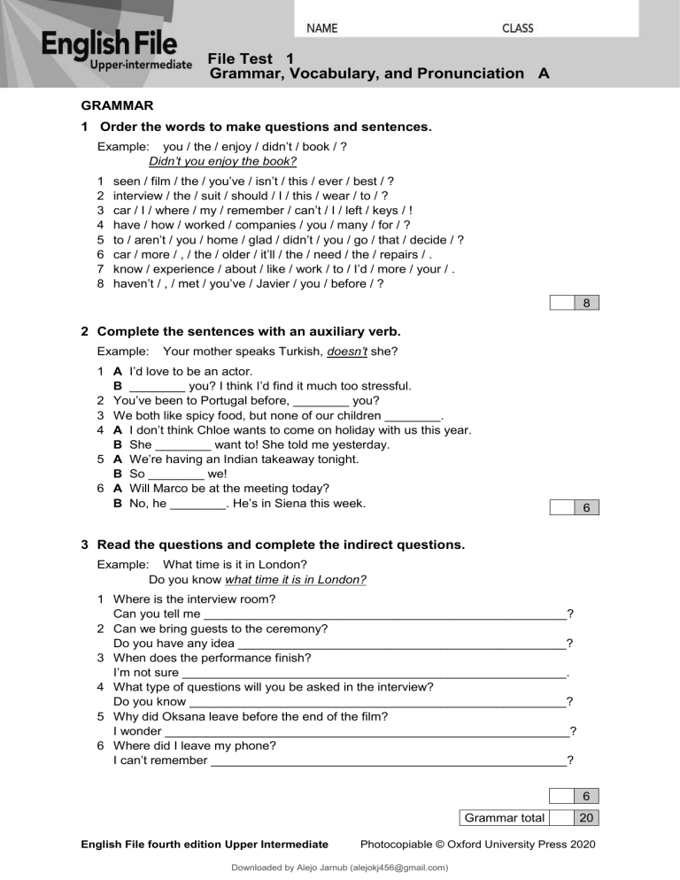 English File Upper Intermediate Test 1: Grammar, Vocab, Pronunciation