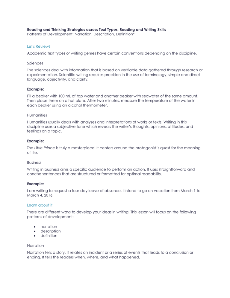 Reading & Writing Strategies: Narration, Description, Definition