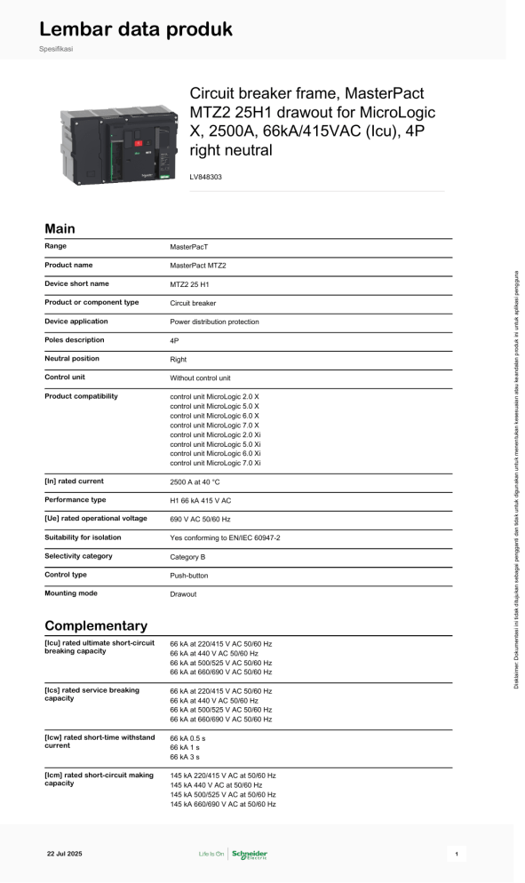 MasterPact MTZ2 2500A Circuit Breaker Specifications | Schneider Electric