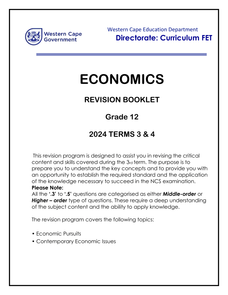 Economics Grade 12 Revision Booklet 2024 - Western Cape Education