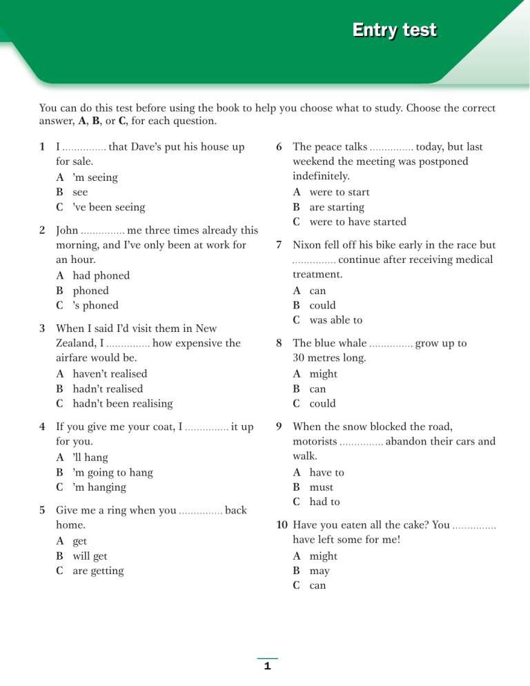 English Entry Test - Grammar & Vocabulary Assessment