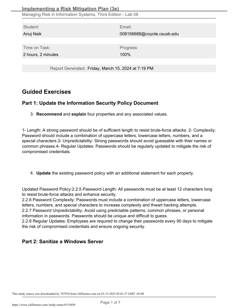 Risk Mitigation Plan Lab Report: Information Security
