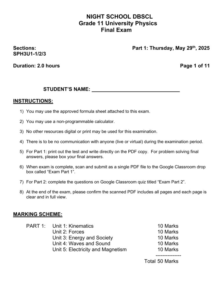 Grade 11 Physics Final Exam - Part 1