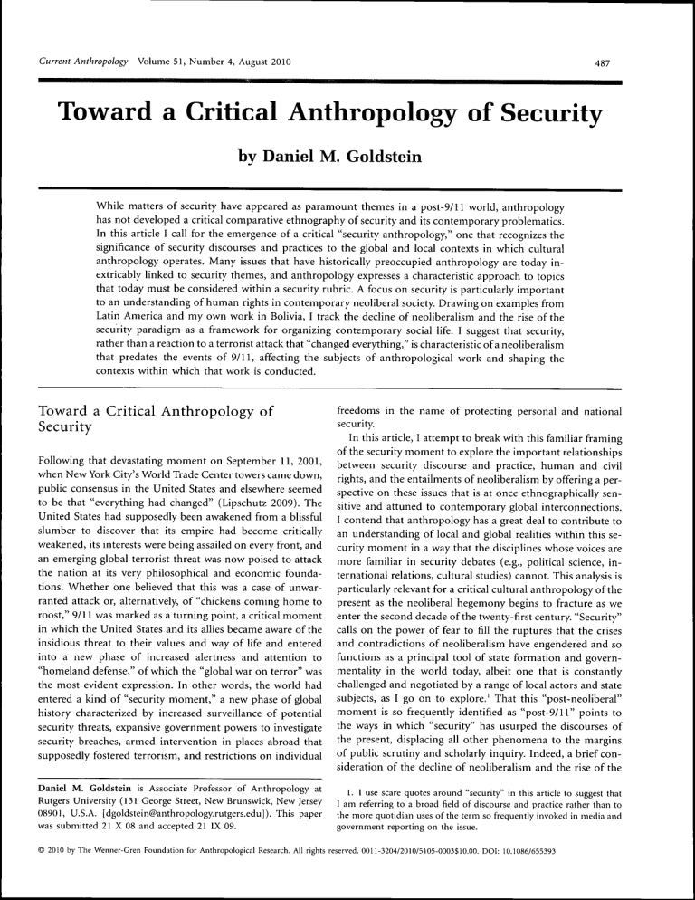 Critical Anthropology of Security: Neoliberalism & Human Rights