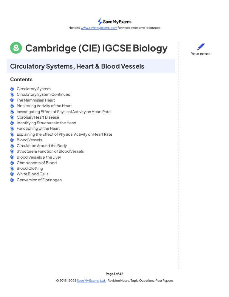 IGCSE Biology: Circulatory System, Heart & Blood Vessels