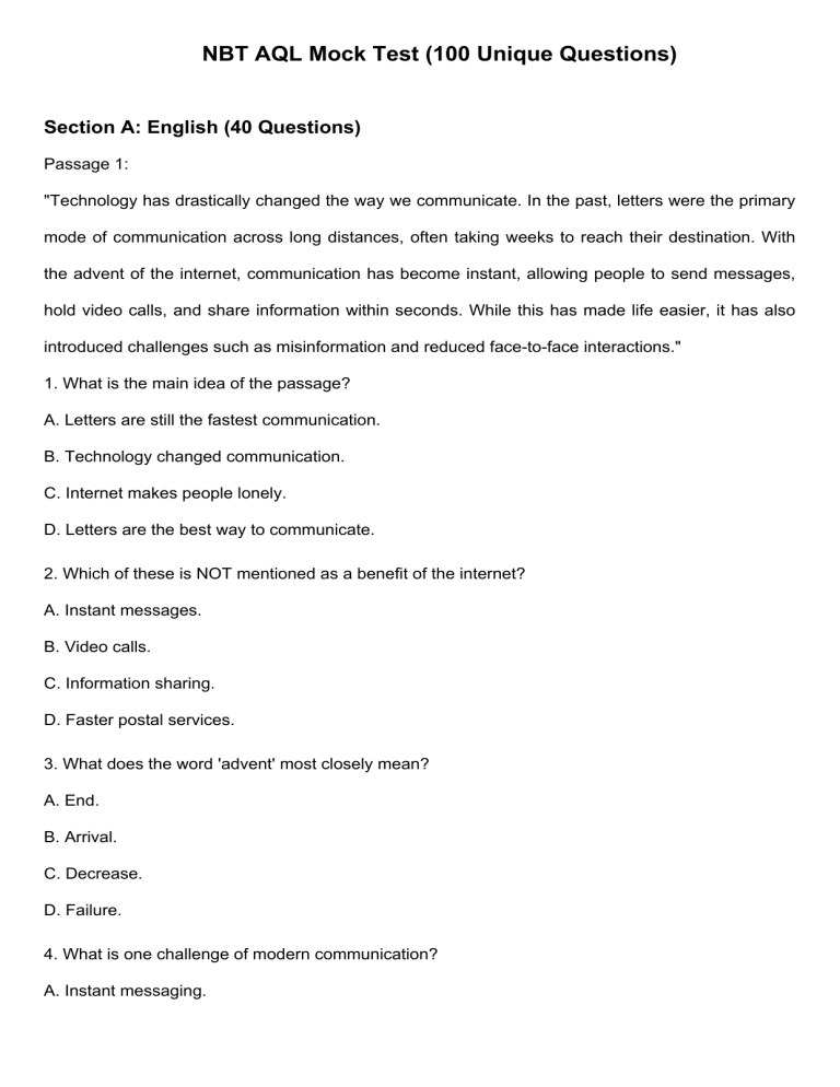 NBT AQL Mock Test: English & Math Practice Questions