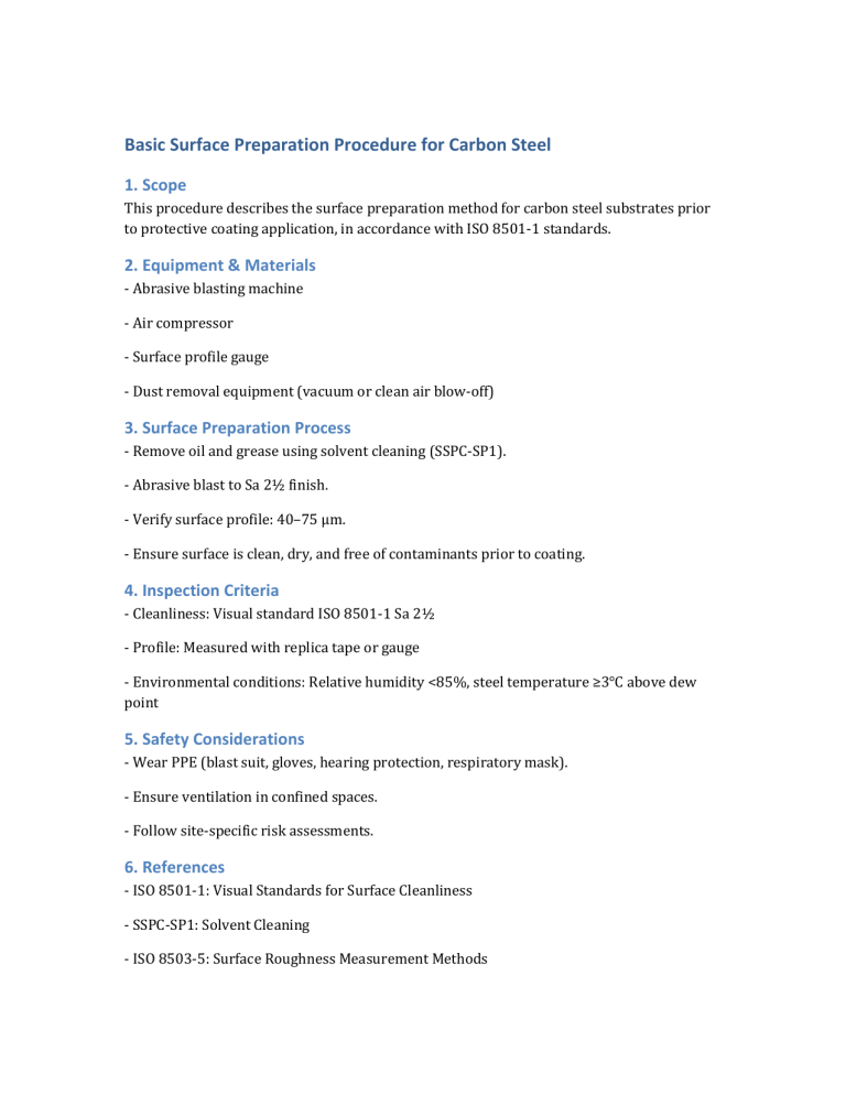 Carbon Steel Surface Prep Procedure: ISO 8501-1