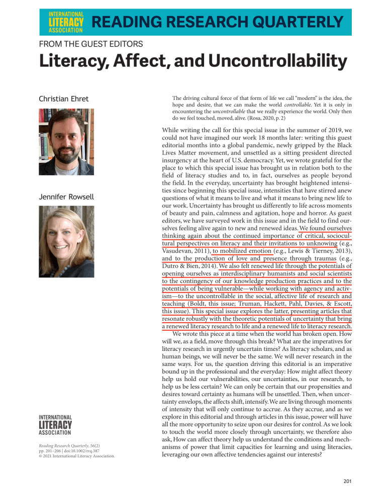 Literacy, Affect, and Uncontrollability: Editorial Analysis