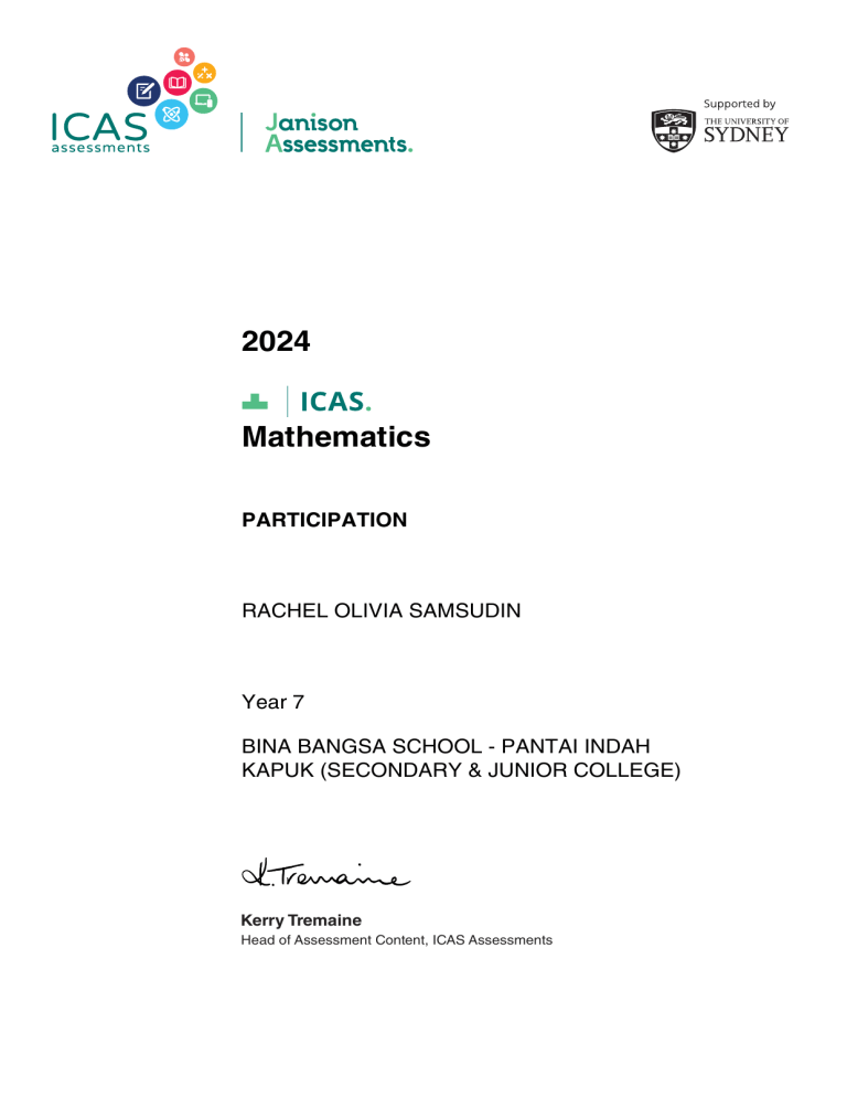 ICAS Mathematics Participation Certificate - Rachel Samsudin