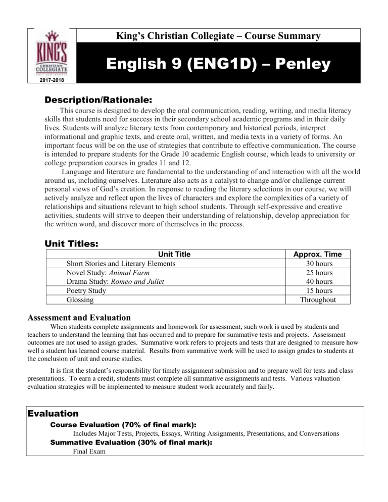 English 9 Course Summary - King's Christian Collegiate