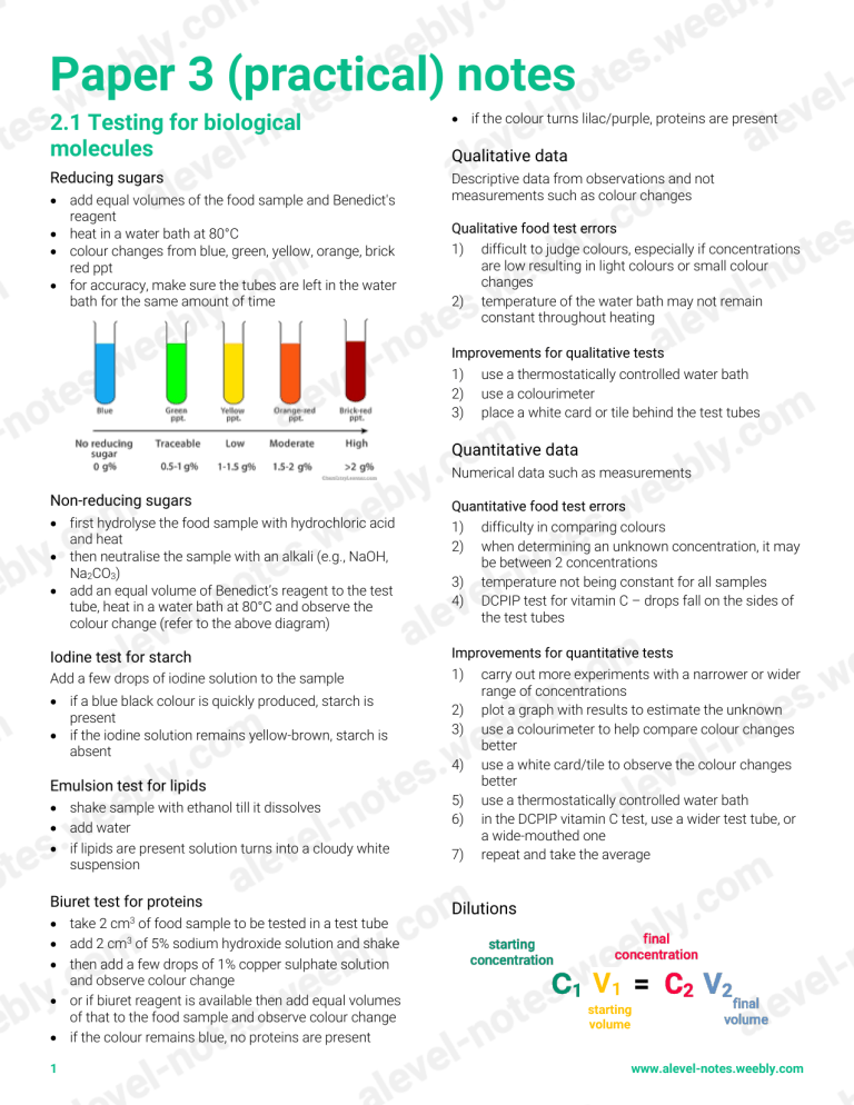 Biology Practical Notes: Food Tests, Enzymes, Osmosis