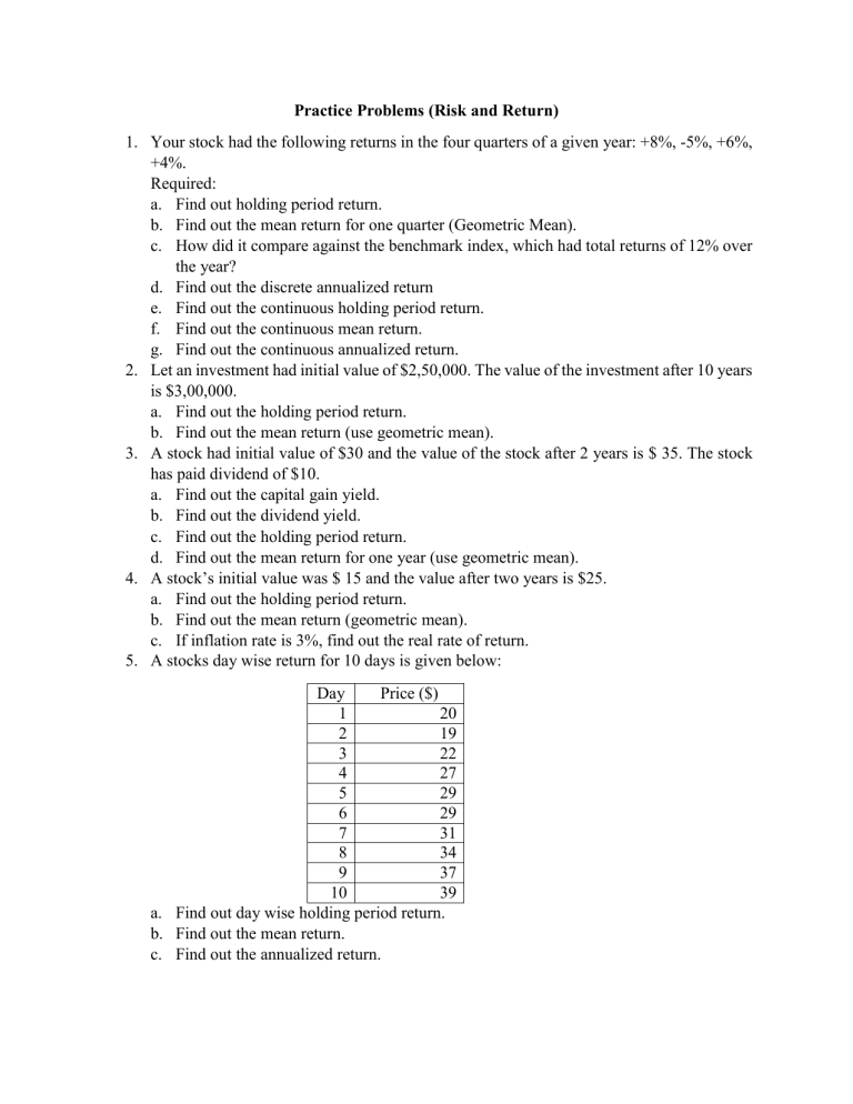 Risk and Return Practice Problems