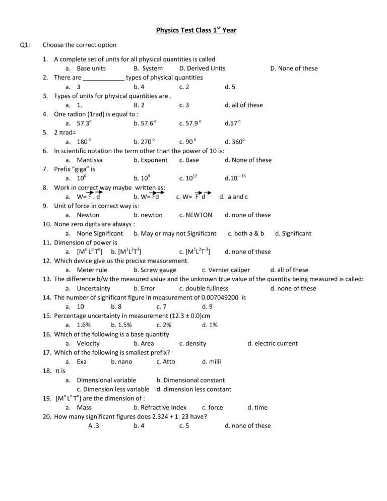 Physics Test: 1st Year - Units, Measurement, Dimensions
