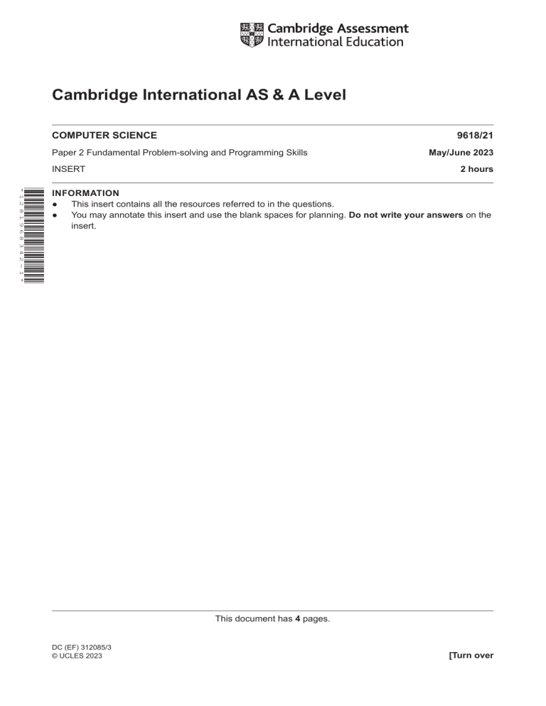 Cambridge AS & A Level Computer Science Exam Insert