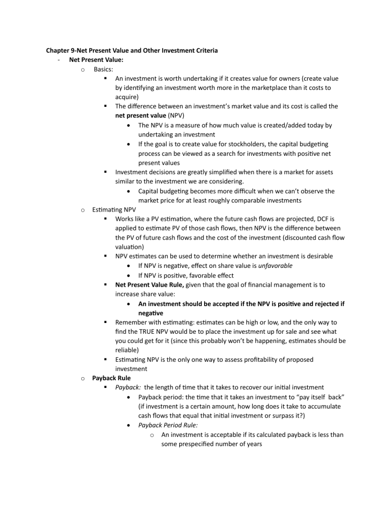 NPV & Investment Criteria: Net Present Value, Payback Rule