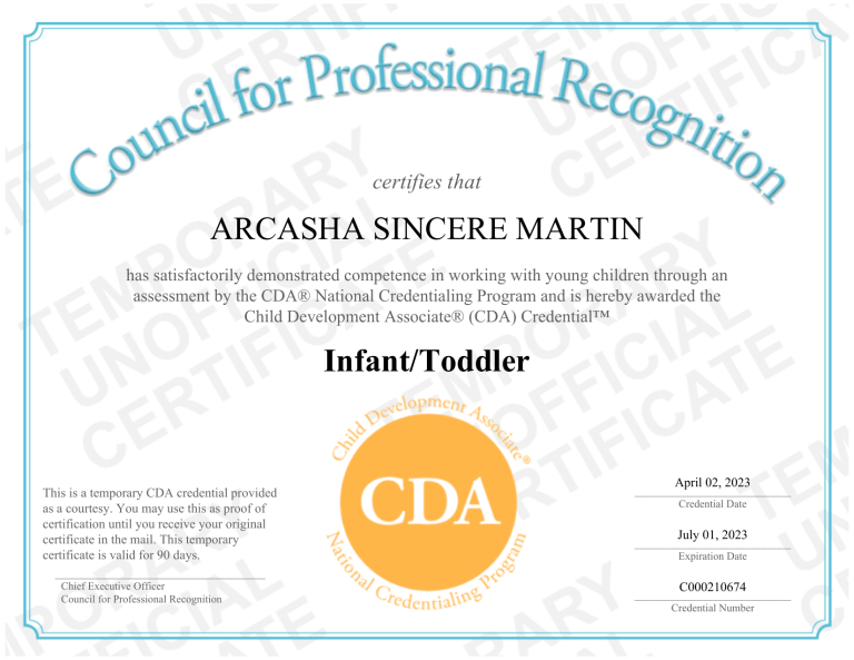 CDA Credential Certificate - Arcasha Martin