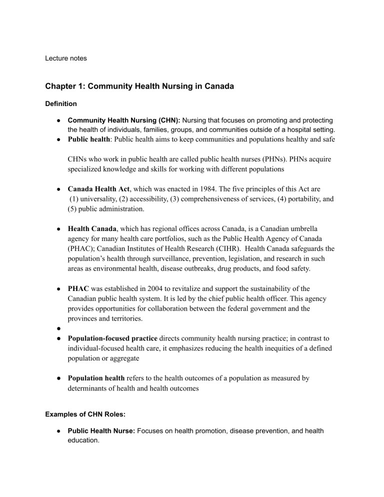 Community Health Nursing in Canada: Lecture Notes