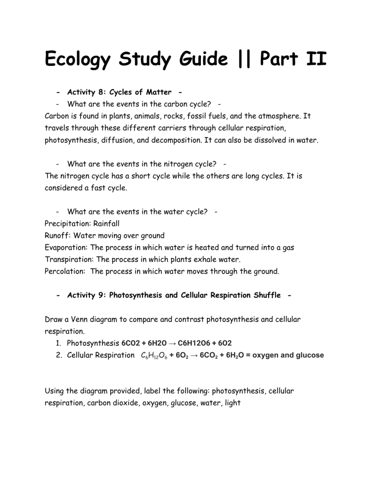 Ecology Study Guide Part 2: Cycles, Photosynthesis, Respiration ...