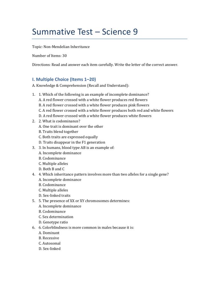 Science 9 Non-Mendelian Inheritance Test | Genetics Assessment