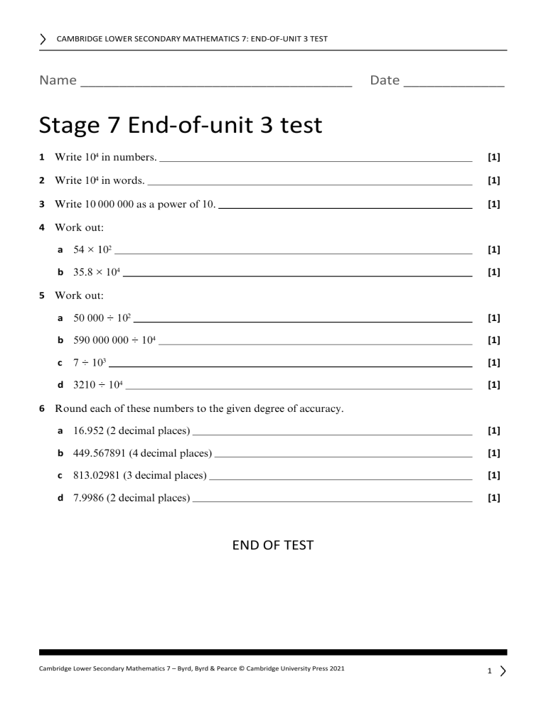 Cambridge Lower Secondary Math 7: End-of-Unit 3 Test