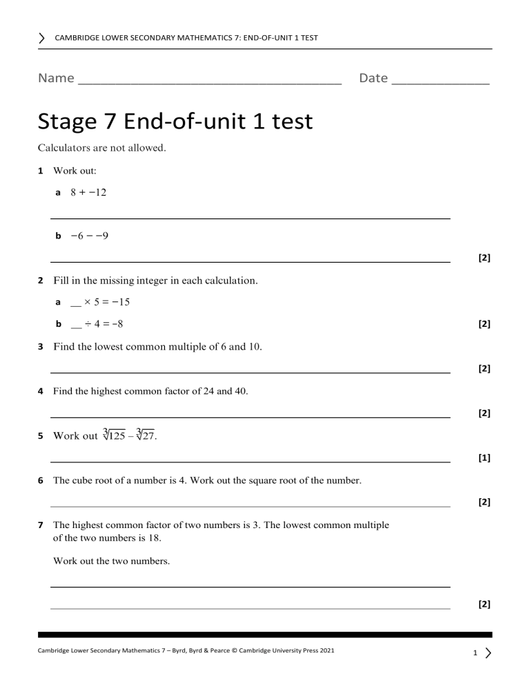 Cambridge Lower Secondary Math 7: End-of-Unit 1 Test