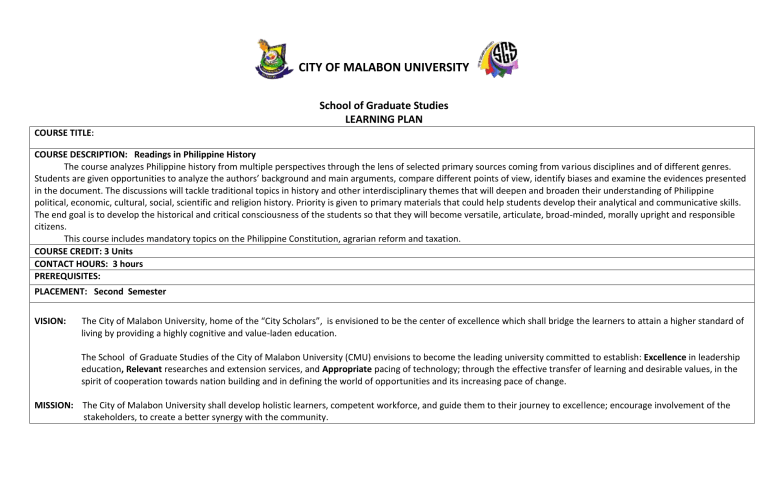 Philippine History Course Learning Plan - Malabon University