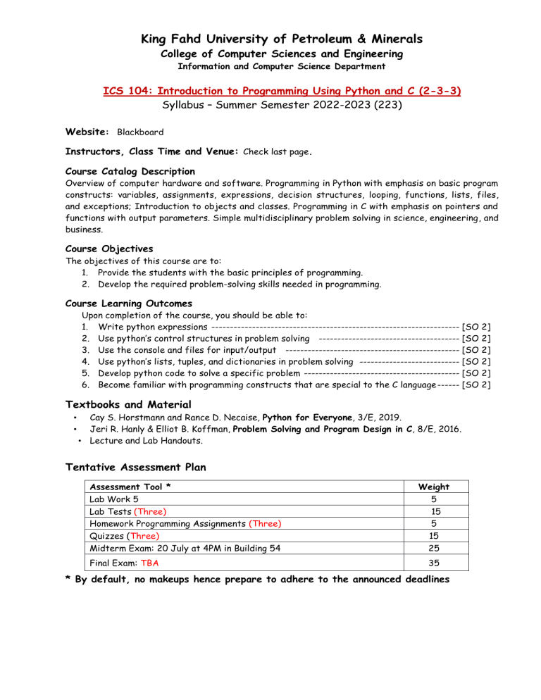 ICS 104 Syllabus: Python & C Programming - KFUPM