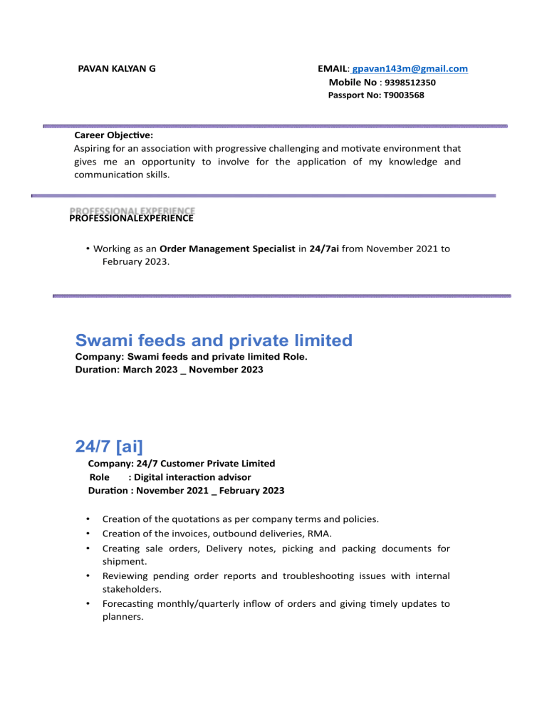 Pavan Kalyan G - Order Management & Customer Service Resume