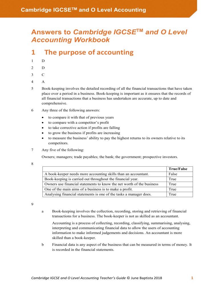 Cambridge IGCSE & O Level Accounting Workbook Answers - June Baptista