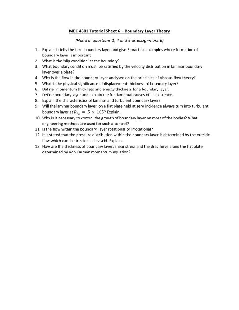 Boundary Layer Theory Tutorial Sheet 0861