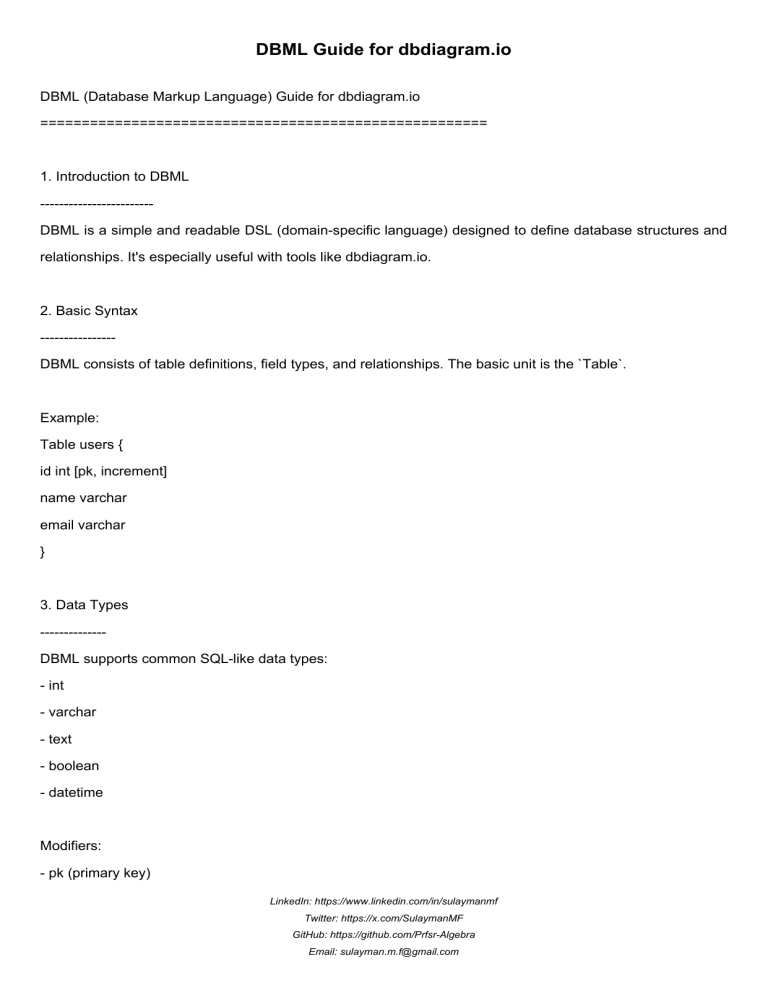 DBML Guide for dbdiagram.io: Define Database Structures & Relationships