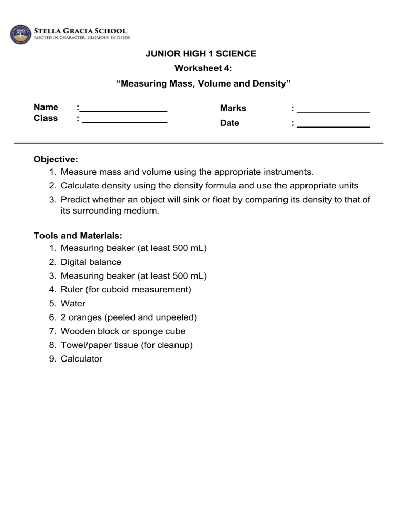 Density Worksheet: Mass, Volume, Sink or Float
