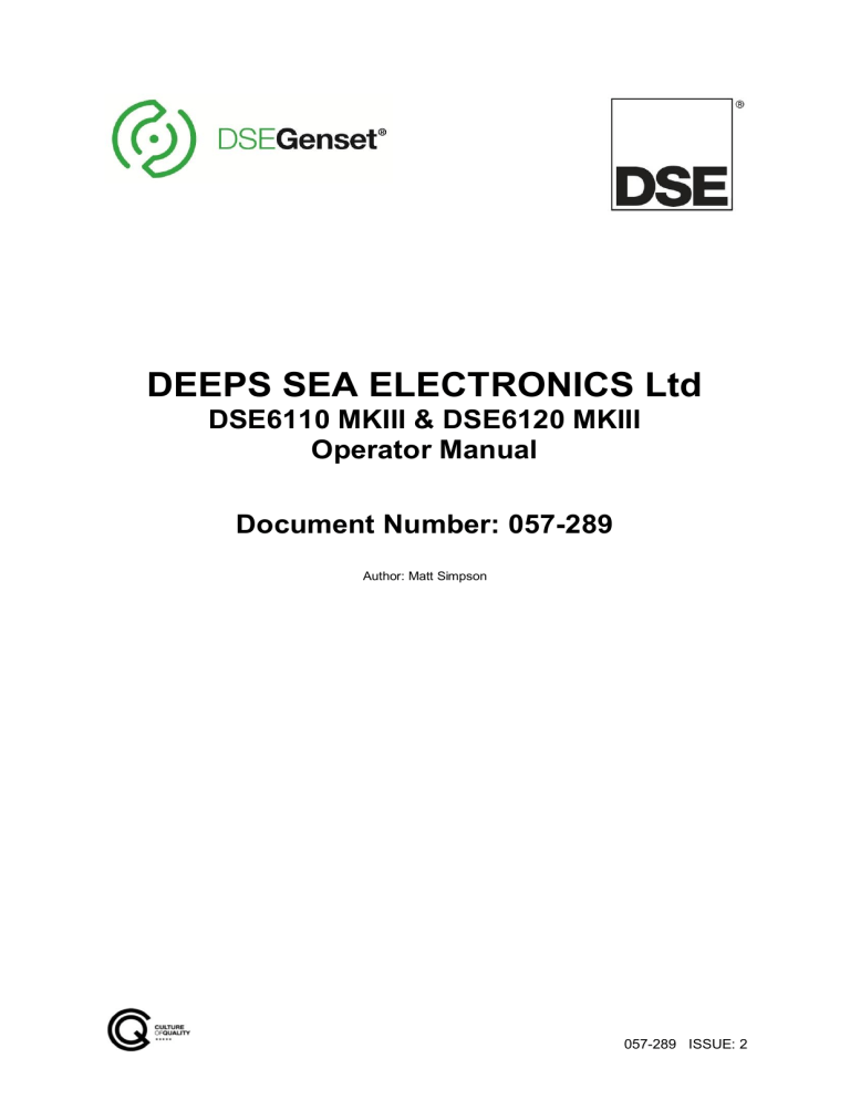 DSE6110/6120 MKIII Operator Manual | Deep Sea Electronics