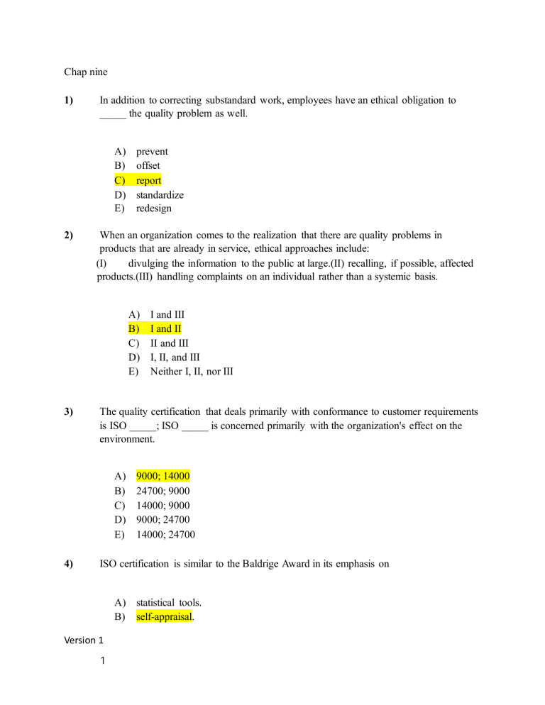 Quality Management Exam: ISO, Six Sigma, Costs of Quality