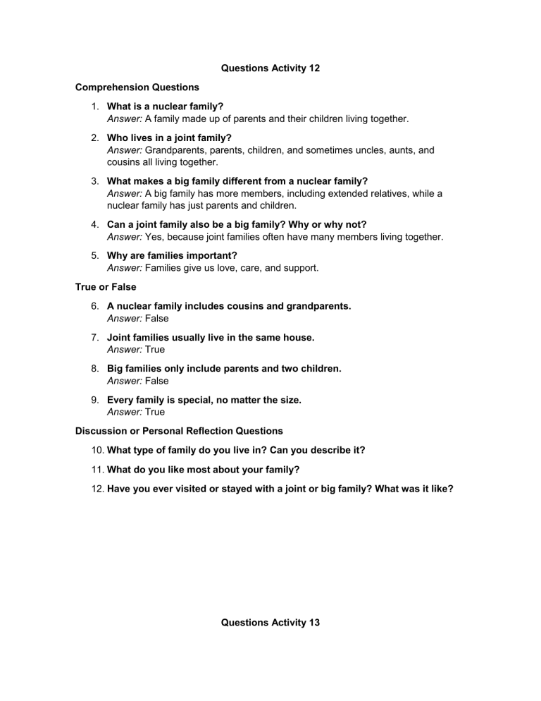 Family Structures & Roles Worksheet: Comprehension & Discussion
