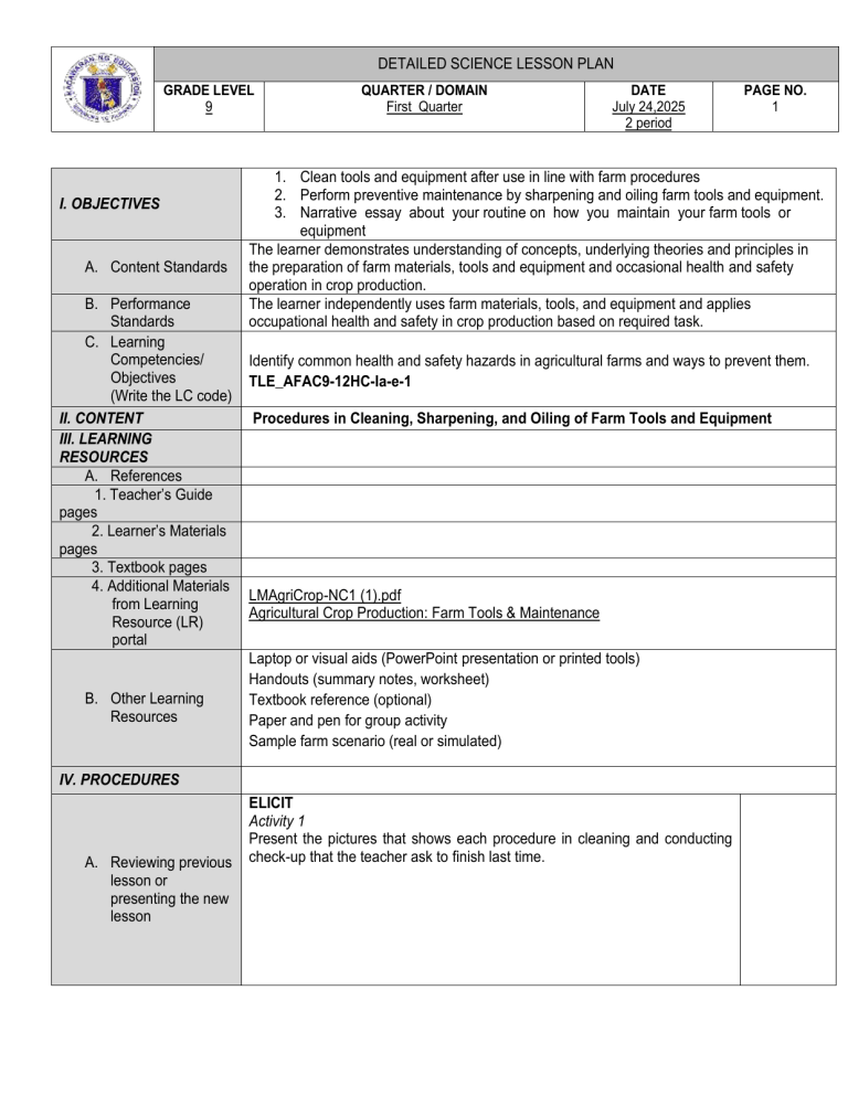 Farm Tool Maintenance: Grade 9 Lesson Plan